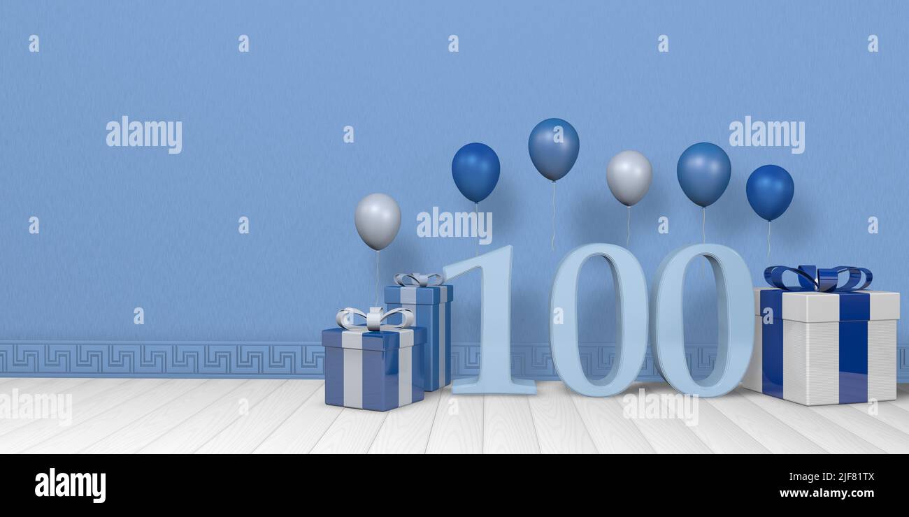 Light blue number 100 among bright blue and white gift boxes adorned ...
