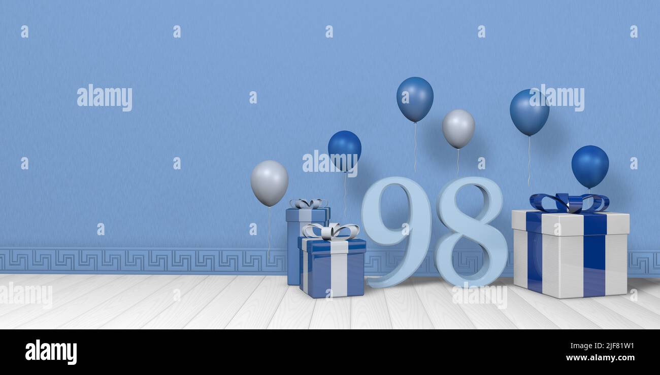 Light blue number 98 among bright blue and white gift boxes adorned ...