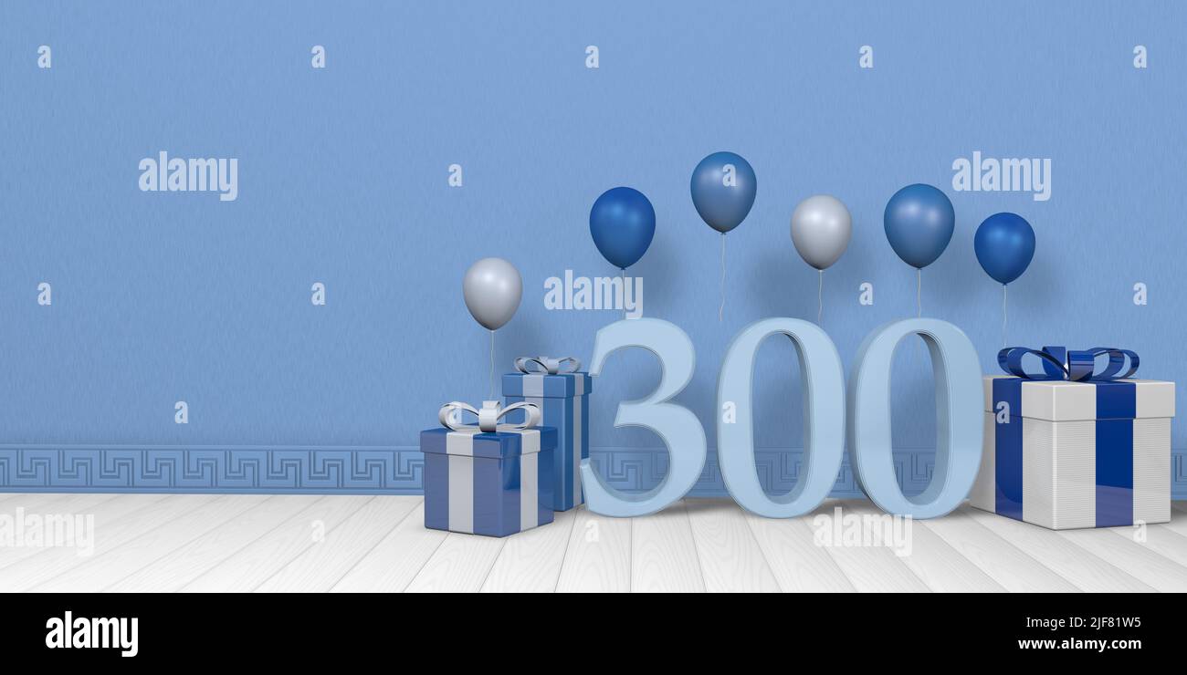 Light blue number 300 among bright blue and white gift boxes adorned ...