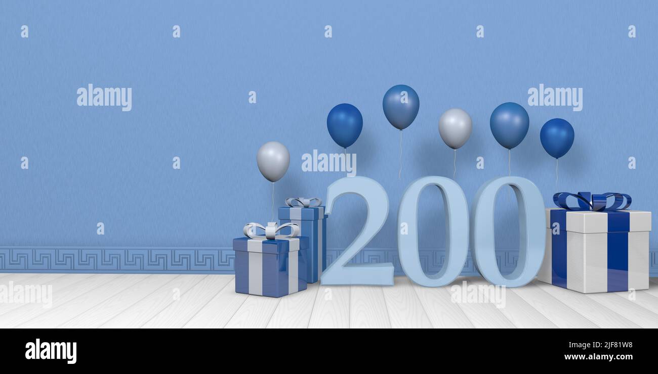 Light blue number 200 among bright blue and white gift boxes adorned ...