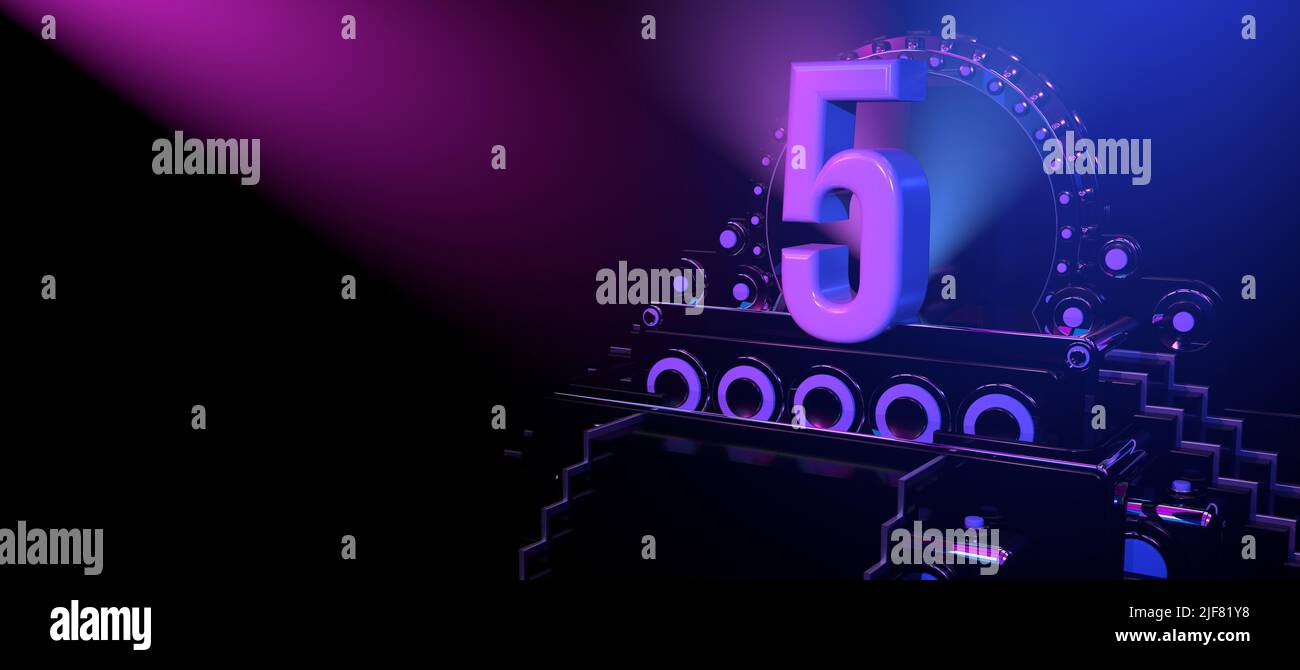 Solid number 5 on a black reflective stage with stairs and adorned with ...