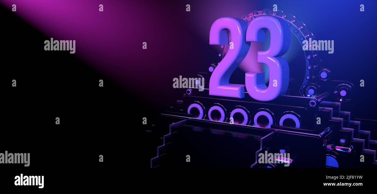 Solid number 23 on a black reflective stage with stairs and adorned ...