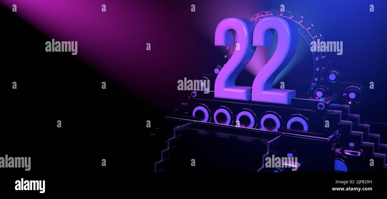 Solid number 22 on a black reflective stage with stairs and adorned ...