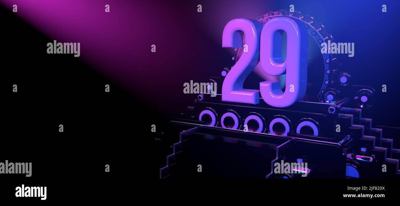 Solid number 29 on a black reflective stage with stairs and adorned ...