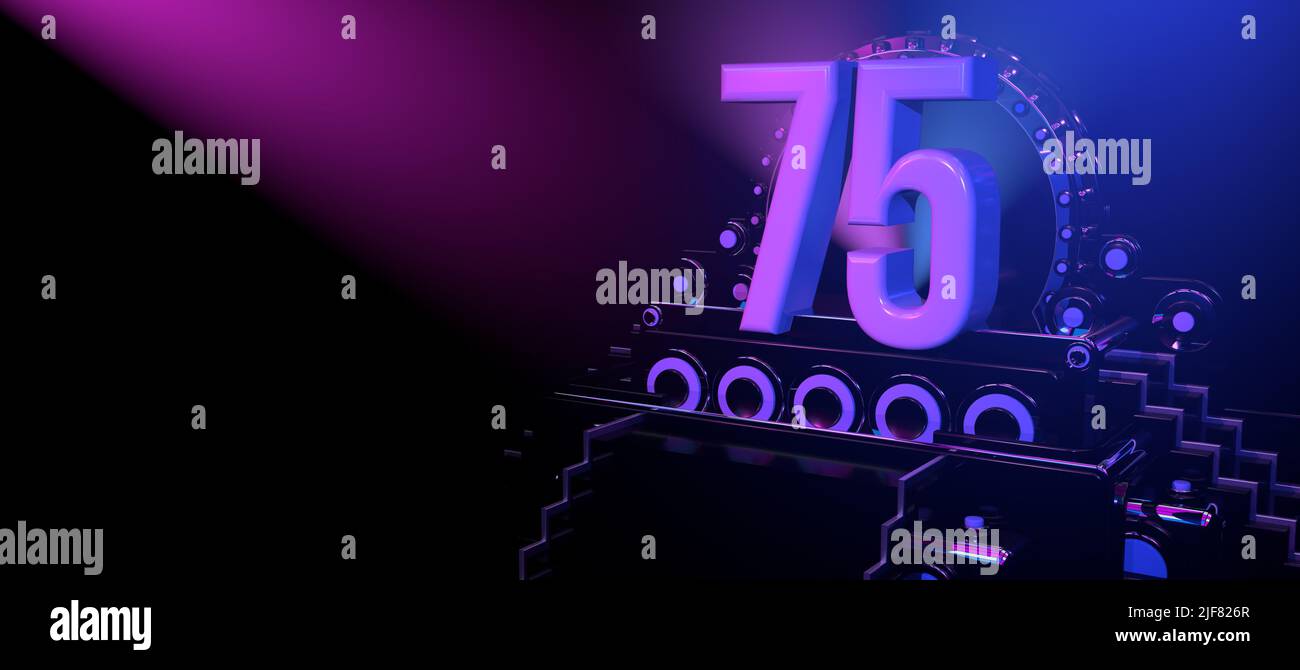 Solid number 75 on a black reflective stage with stairs and adorned ...