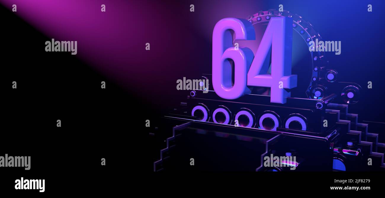Solid number 64 on a black reflective stage with stairs and adorned ...