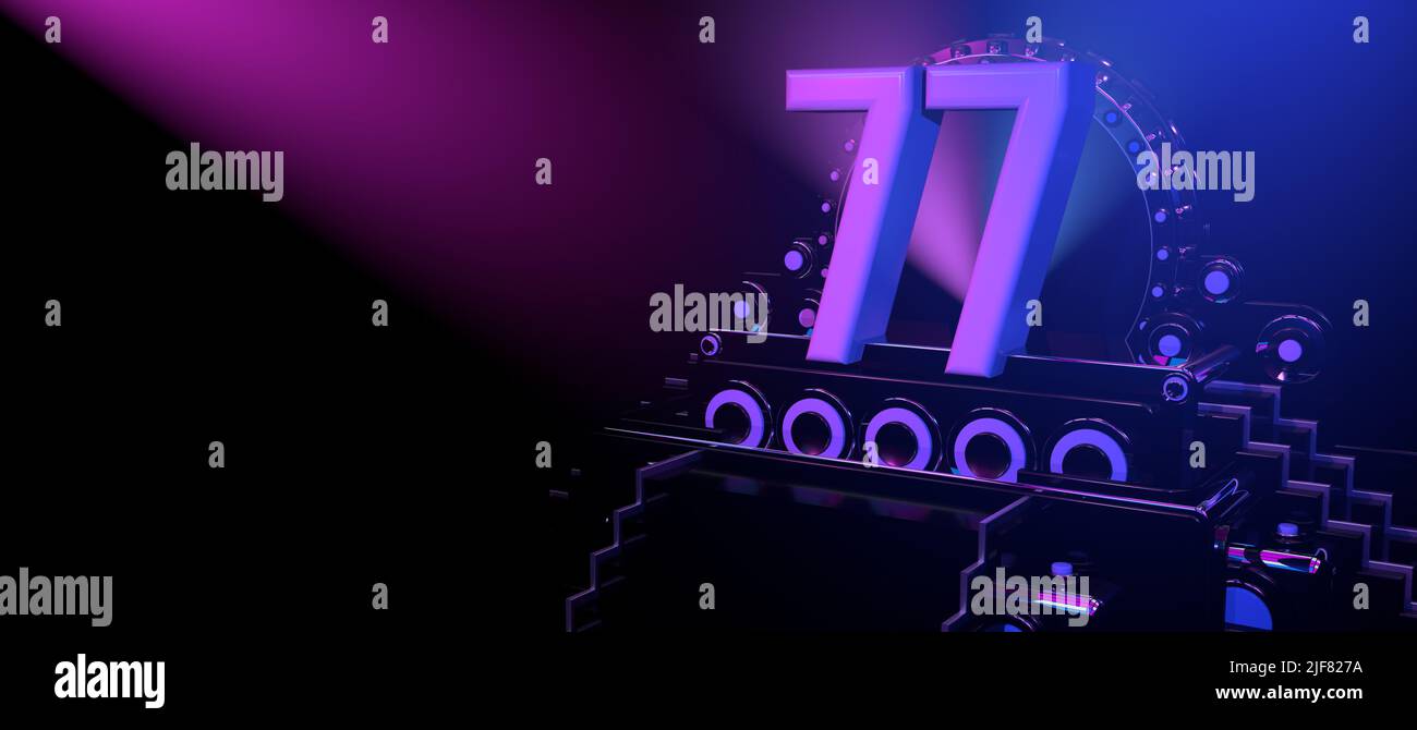 Solid number 77 on a black reflective stage with stairs and adorned ...
