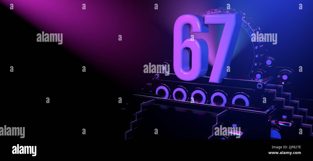 Solid number 67 on a black reflective stage with stairs and adorned ...