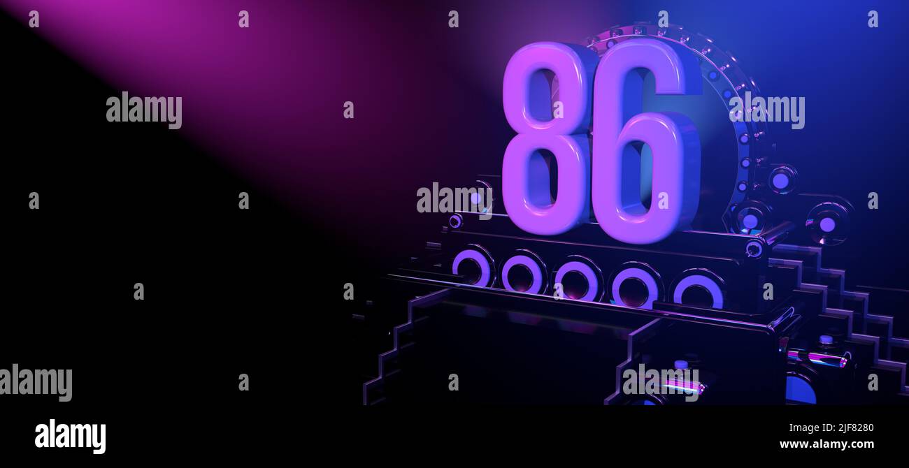 Solid number 86 on a black reflective stage with stairs and adorned ...