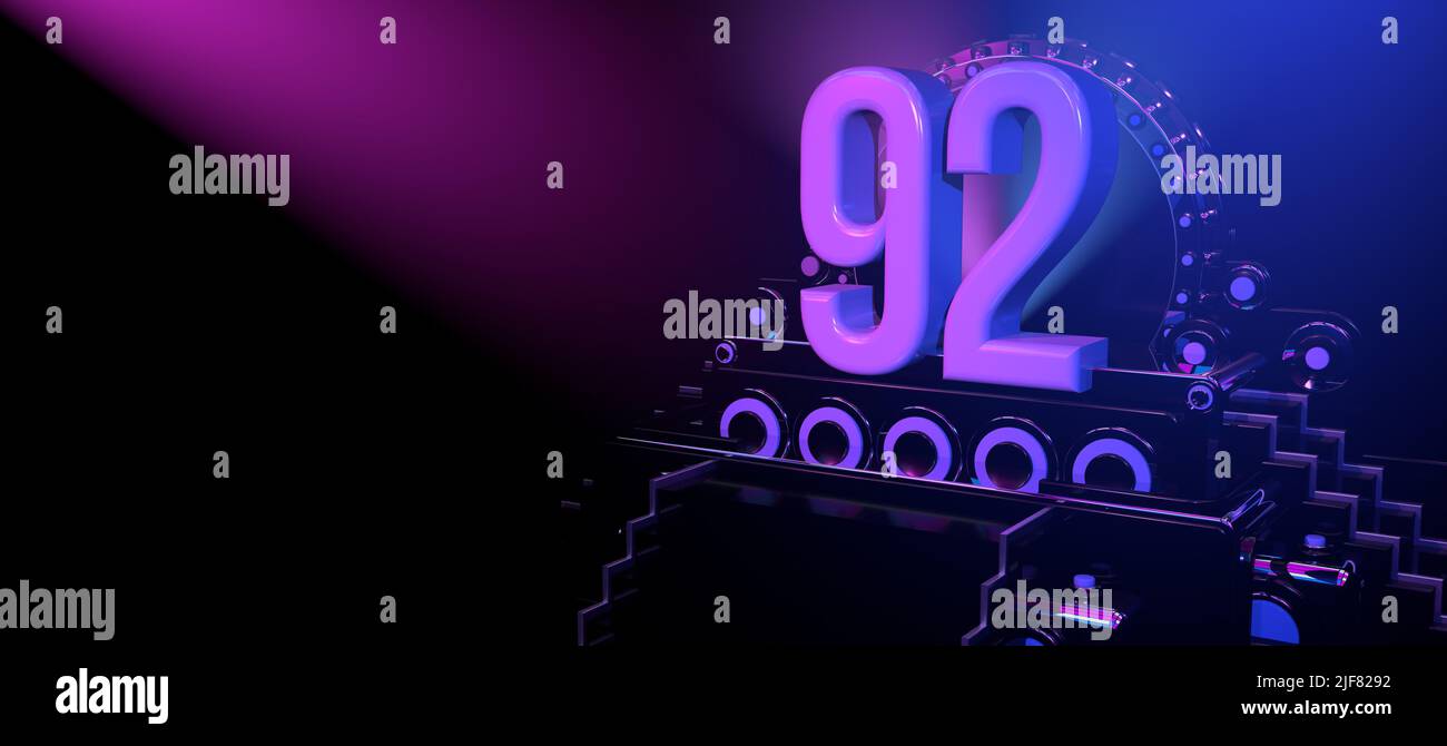Solid number 92 on a black reflective stage with stairs and adorned ...