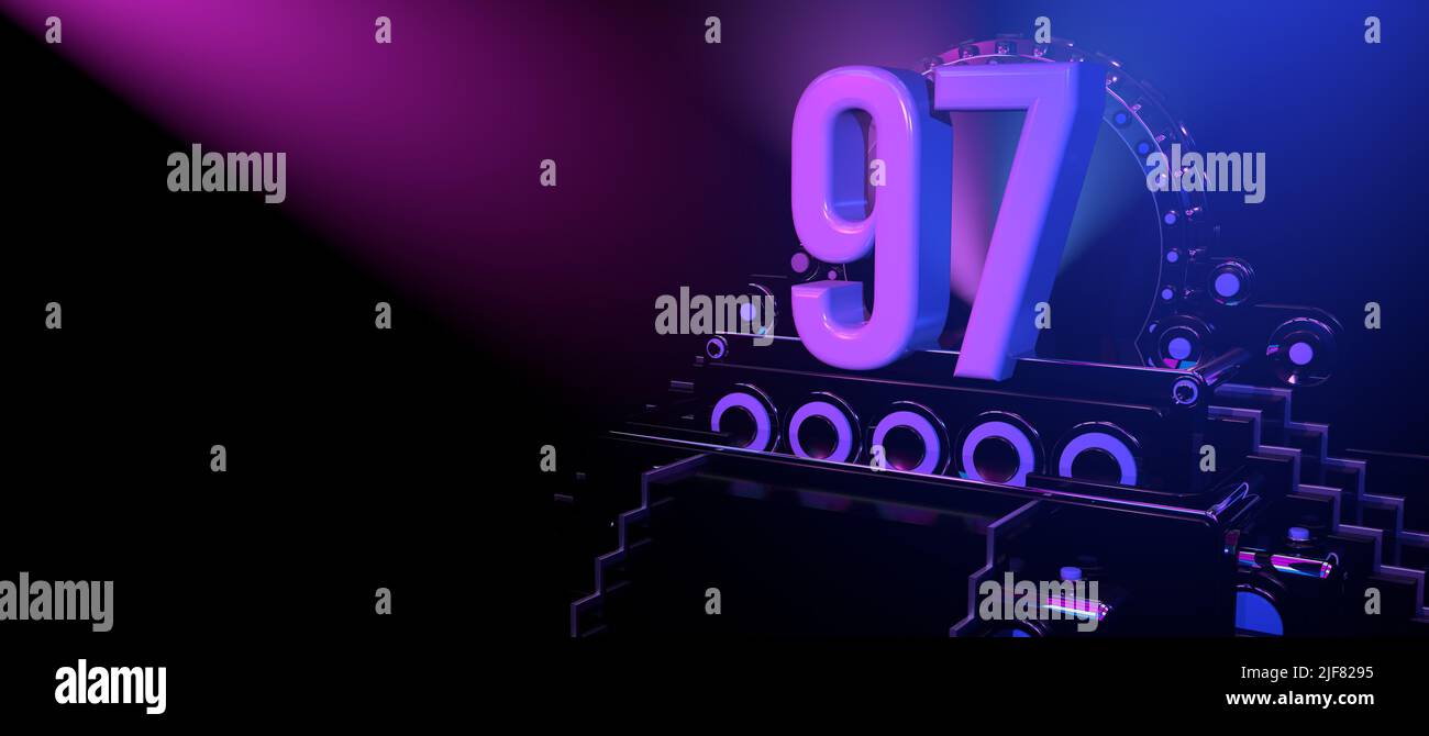Solid number 97 on a black reflective stage with stairs and adorned ...