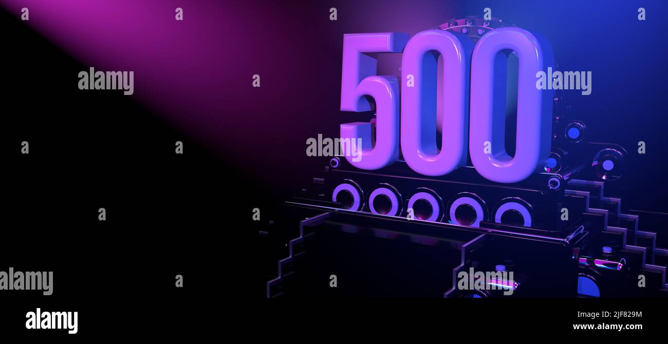 Solid number 500 on a black reflective stage with stairs and adorned ...
