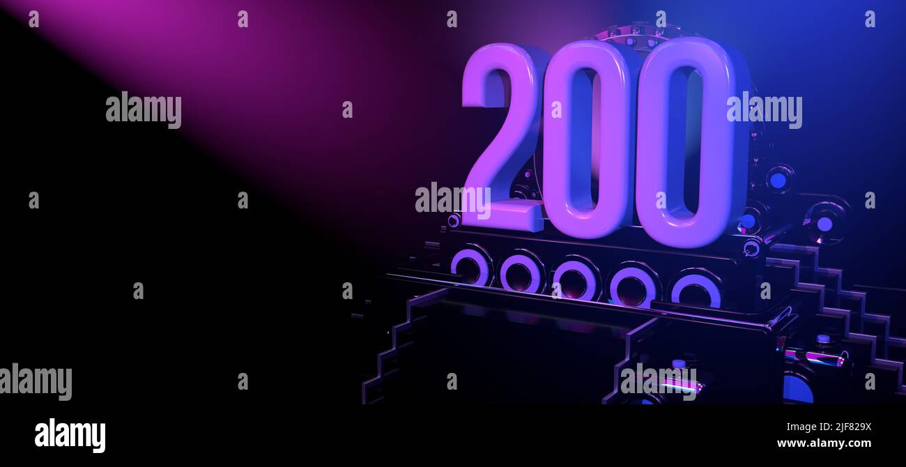 Solid number 200 on a black reflective stage with stairs and adorned ...