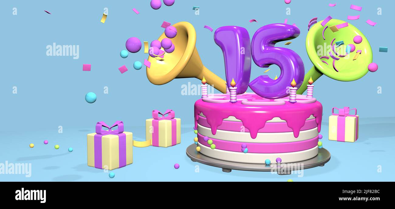 Pink birthday cake with thick purple number 15 and candles on metallic ...