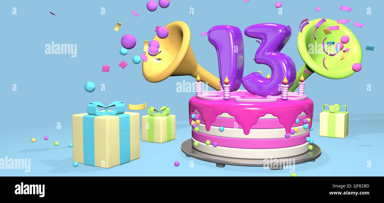 Pink birthday cake with thick purple number 13 and candles on metallic ...