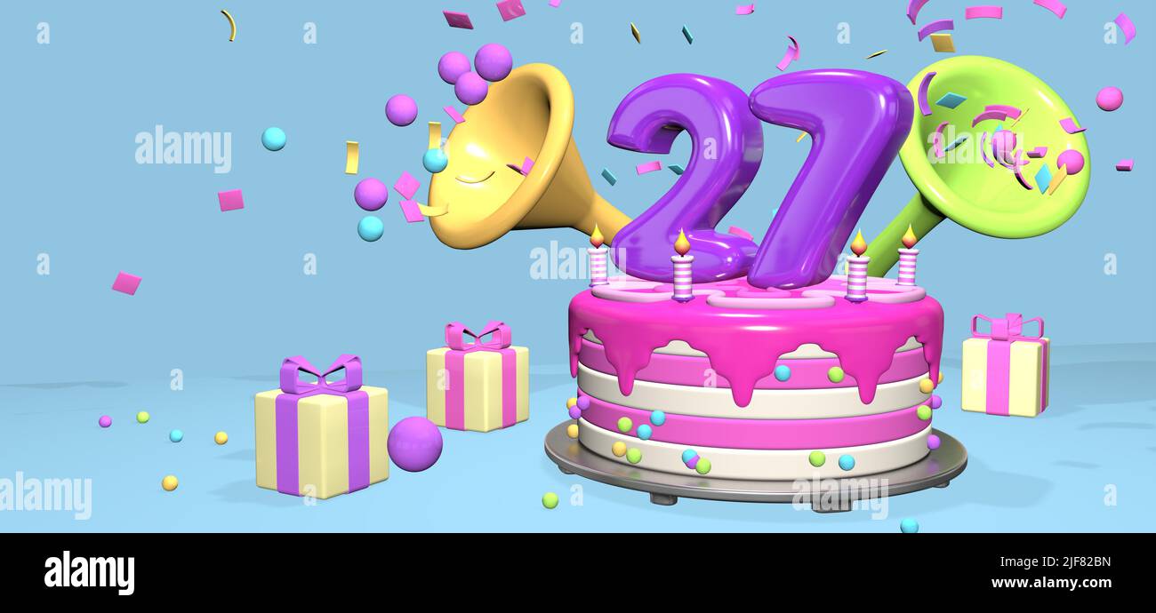 Pink birthday cake with thick purple number 27 and candles on metallic ...
