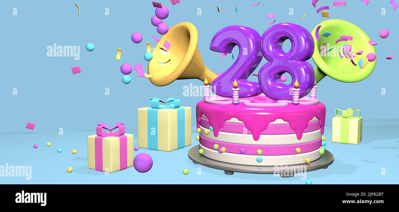 Pink birthday cake with thick purple number 28 and candles on metallic ...