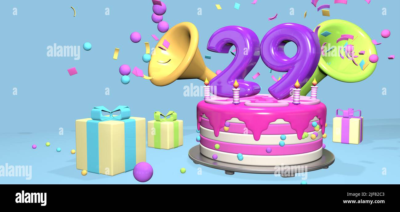 Pink birthday cake with thick purple number 29 and candles on metallic ...