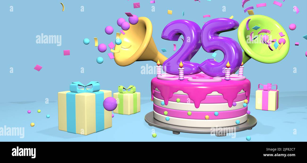 Pink birthday cake with thick purple number 25 and candles on metallic ...