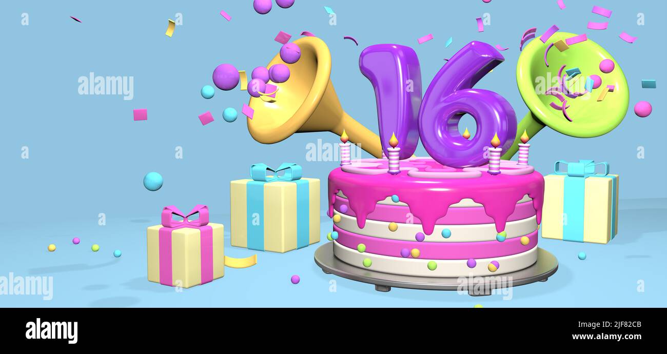 Pink birthday cake with thick purple number 16 and candles on metallic ...
