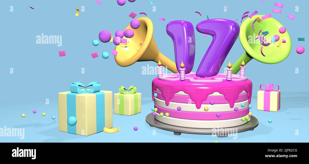 Pink birthday cake with thick purple number 17 and candles on metallic ...