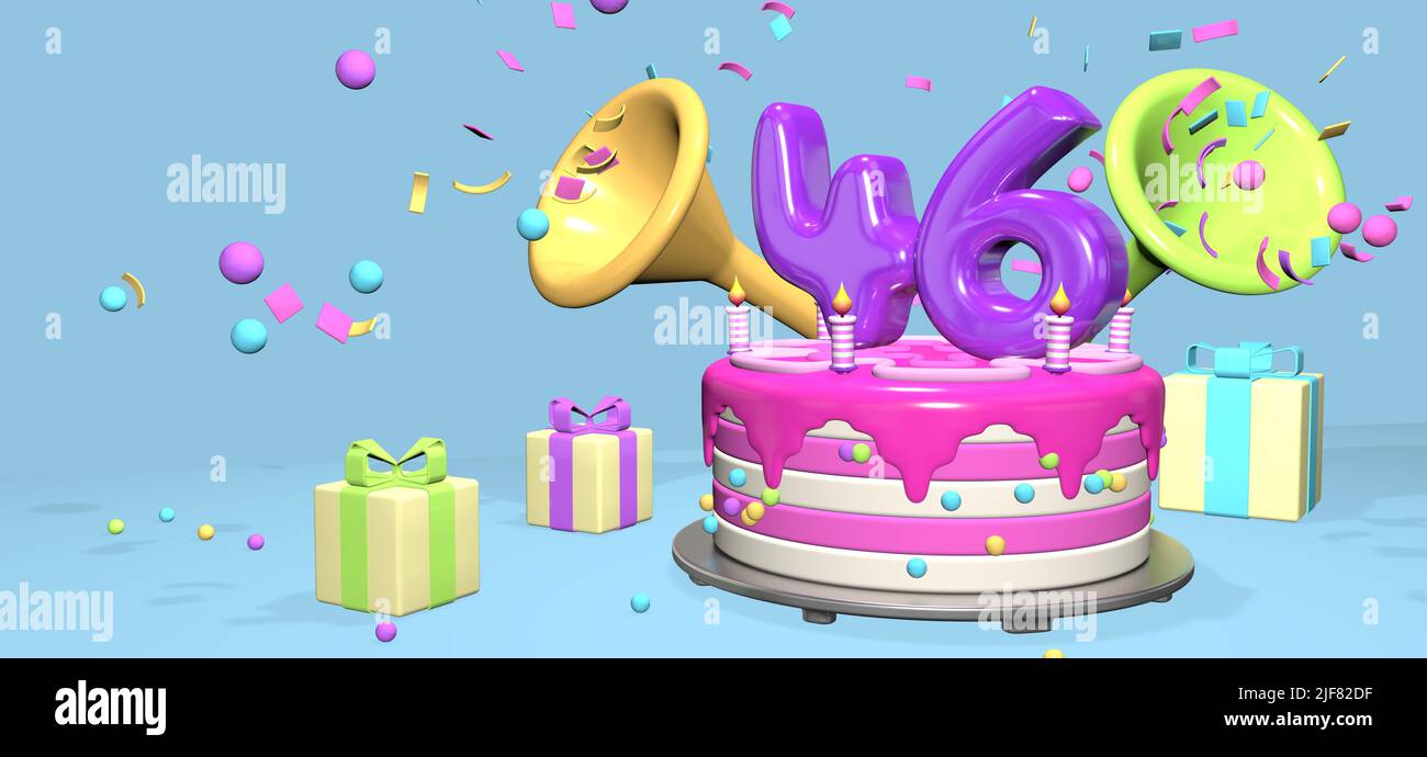 Pink birthday cake with thick purple number 46 and candles on metallic ...