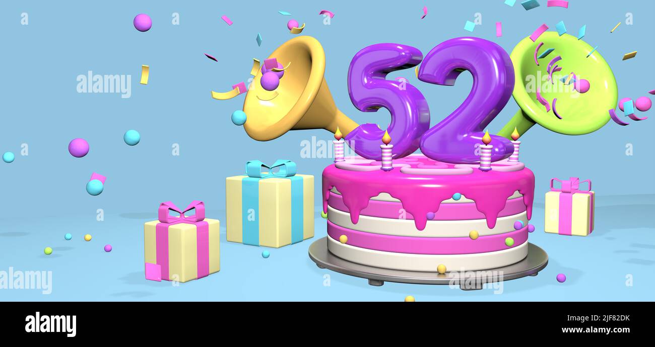 Pink birthday cake with thick purple number 52 and candles on metallic ...