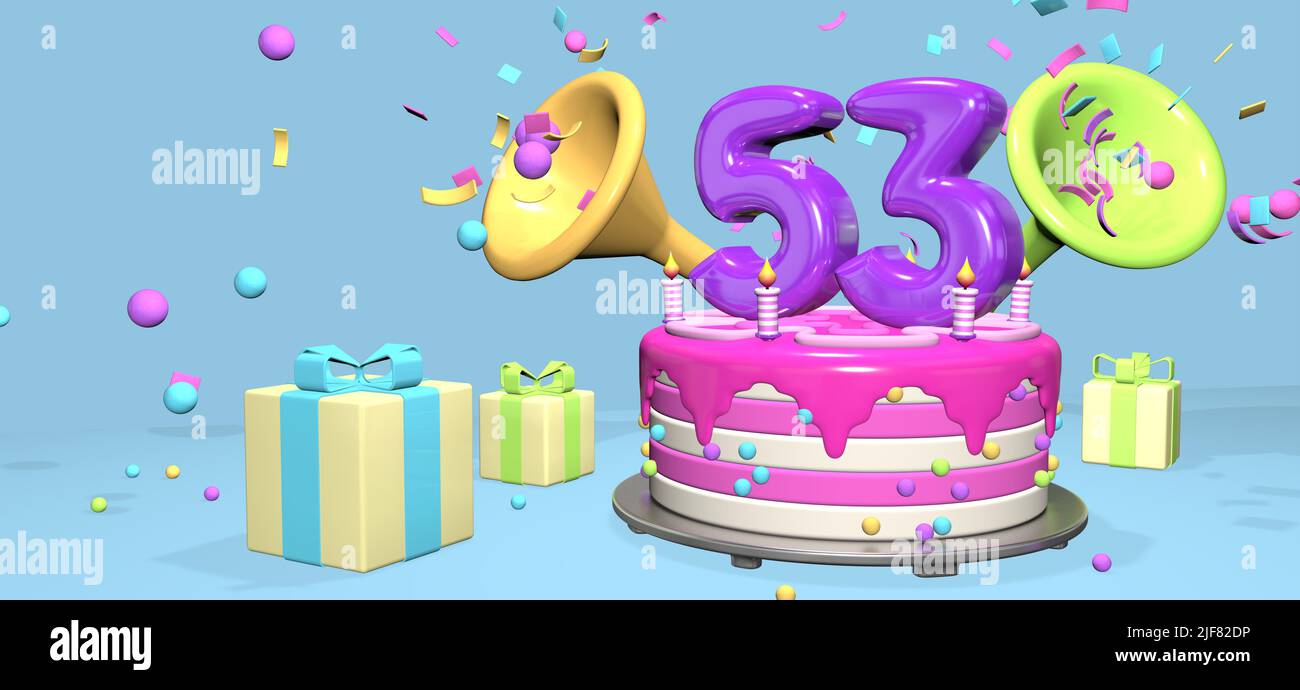 Pink birthday cake with thick purple number 53 and candles on metallic ...