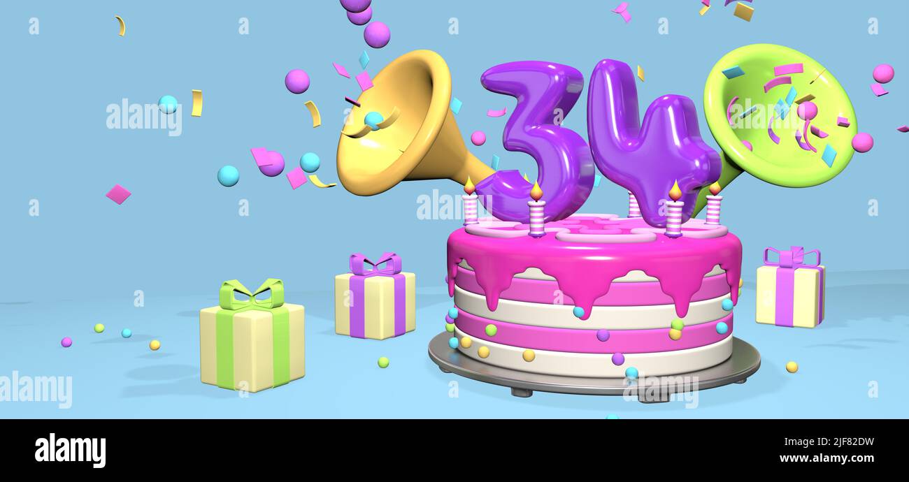 Pink birthday cake with thick purple number 34 and candles on metallic ...