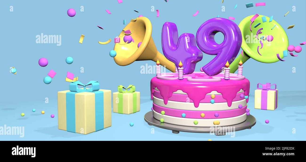 Pink birthday cake with thick purple number 49 and candles on metallic ...