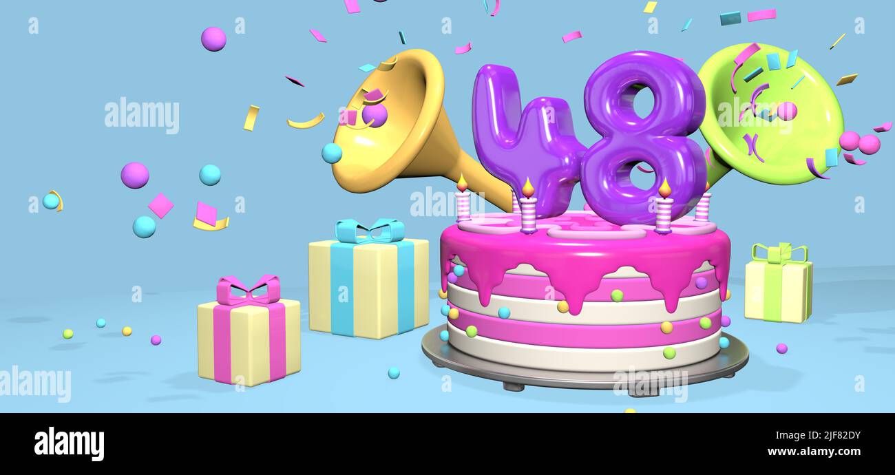 Pink birthday cake with thick purple number 48 and candles on metallic ...