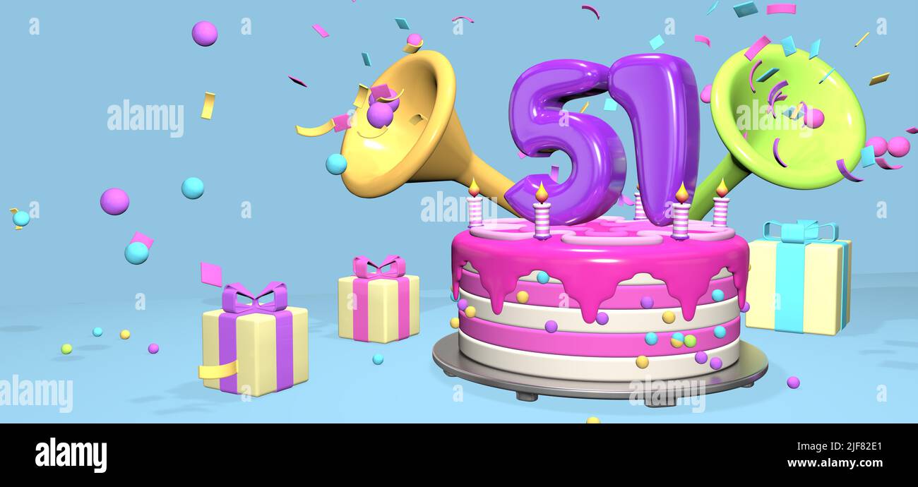 Pink birthday cake with thick purple number 51 and candles on metallic ...