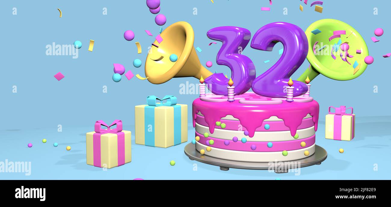 Pink birthday cake with thick purple number 32 and candles on metallic ...