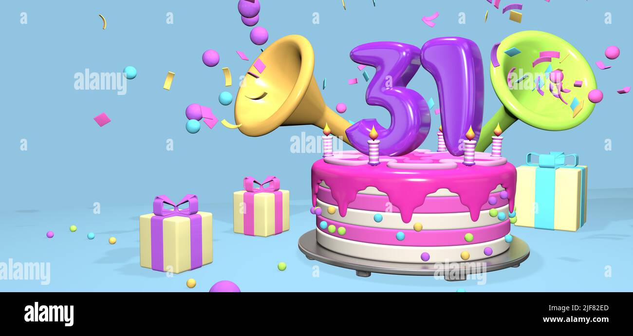 Pink birthday cake with thick purple number 31 and candles on metallic ...