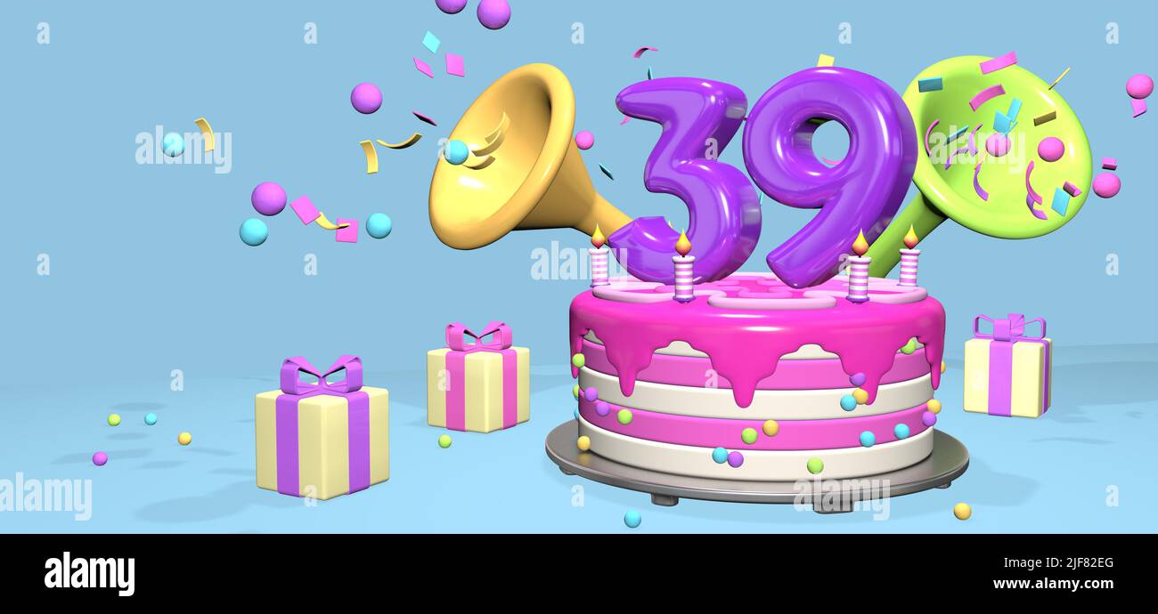 Pink birthday cake with thick purple number 39 and candles on metallic ...