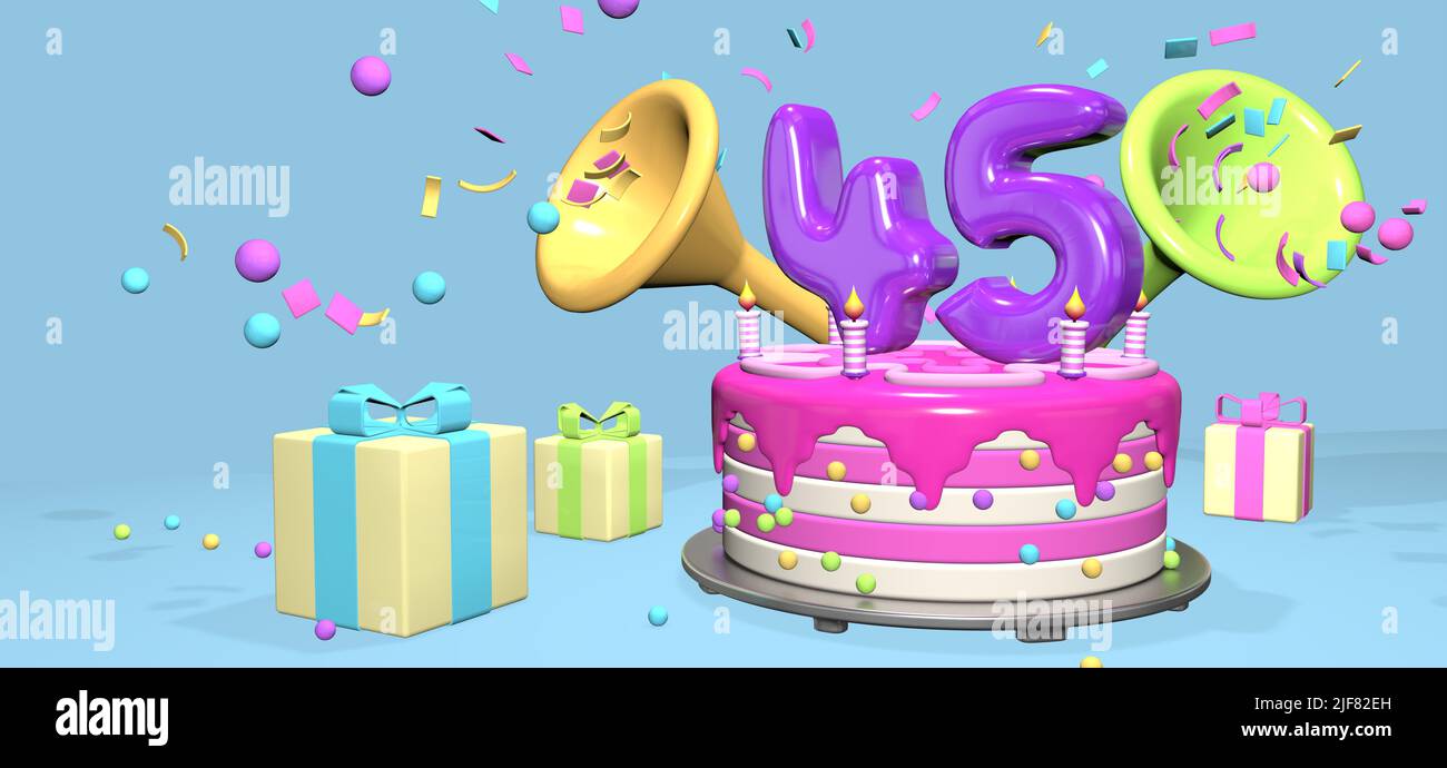 Pink birthday cake with thick purple number 45 and candles on metallic ...