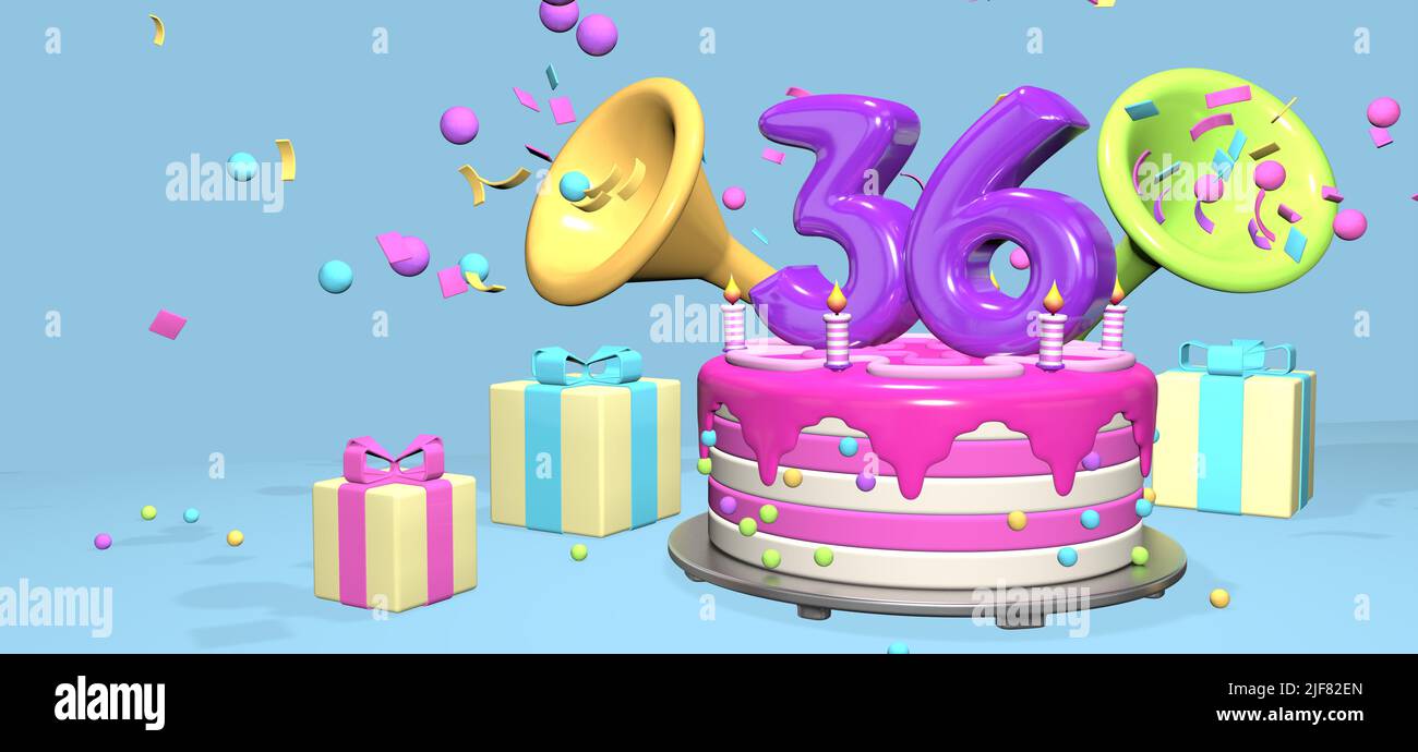 Pink birthday cake with thick purple number 36 and candles on metallic ...