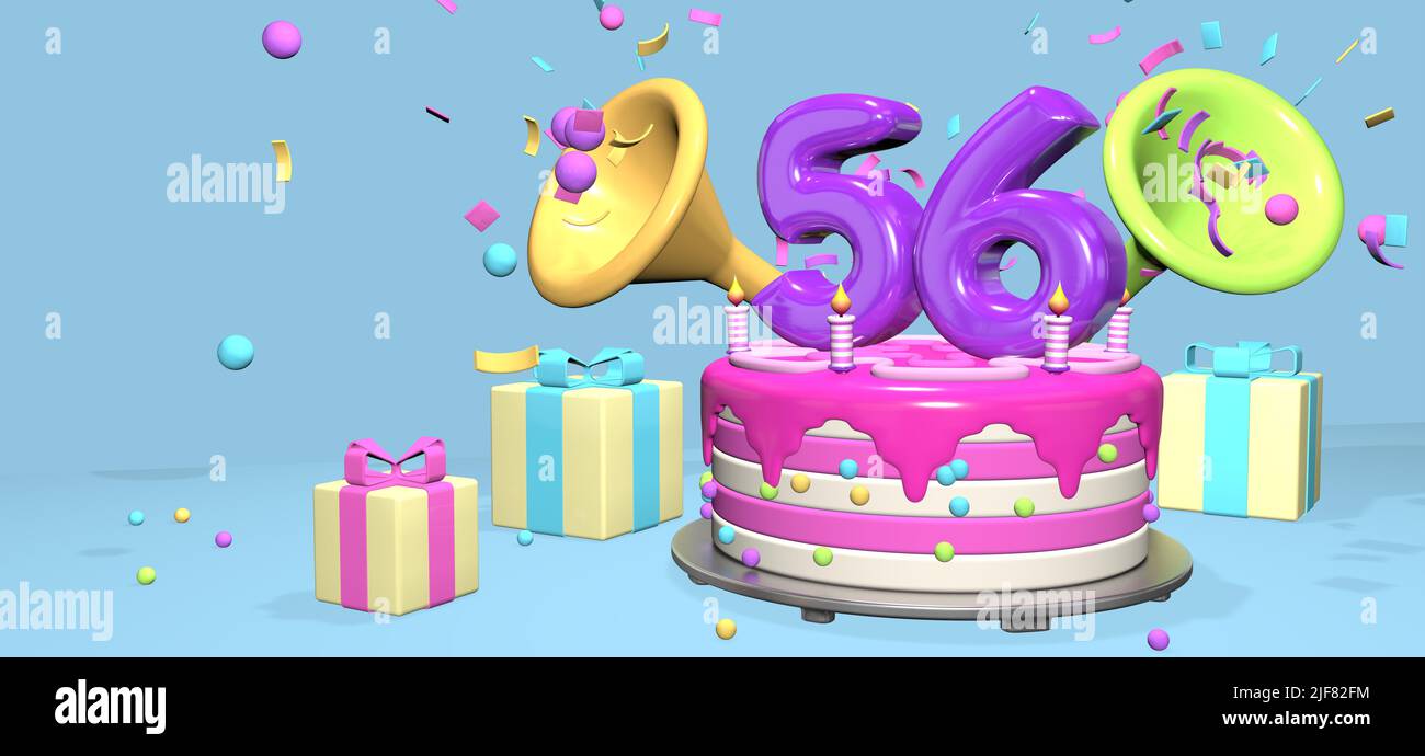 Pink birthday cake with thick purple number 56 and candles on metallic ...
