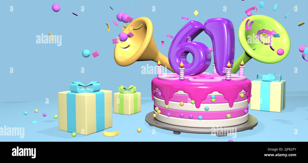 Pink birthday cake with thick purple number 61 and candles on metallic ...