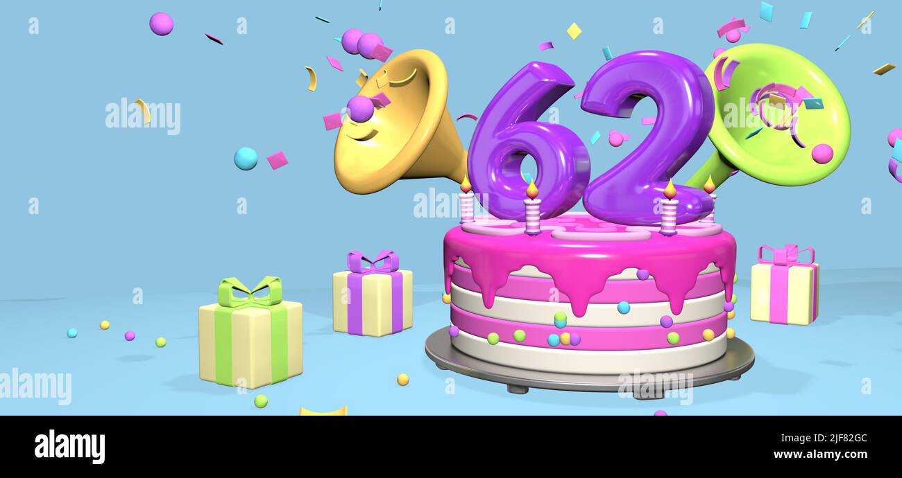 Pink birthday cake with thick purple number 62 and candles on metallic ...