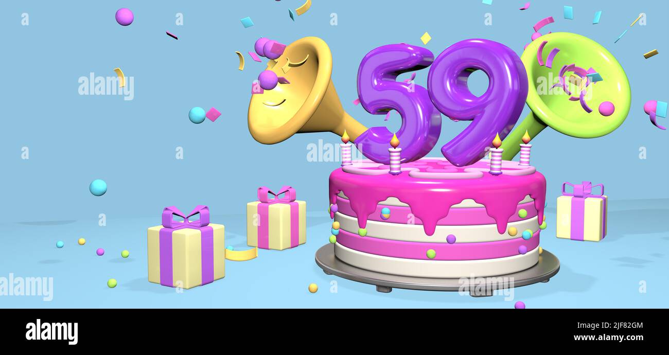 Pink birthday cake with thick purple number 59 and candles on metallic ...