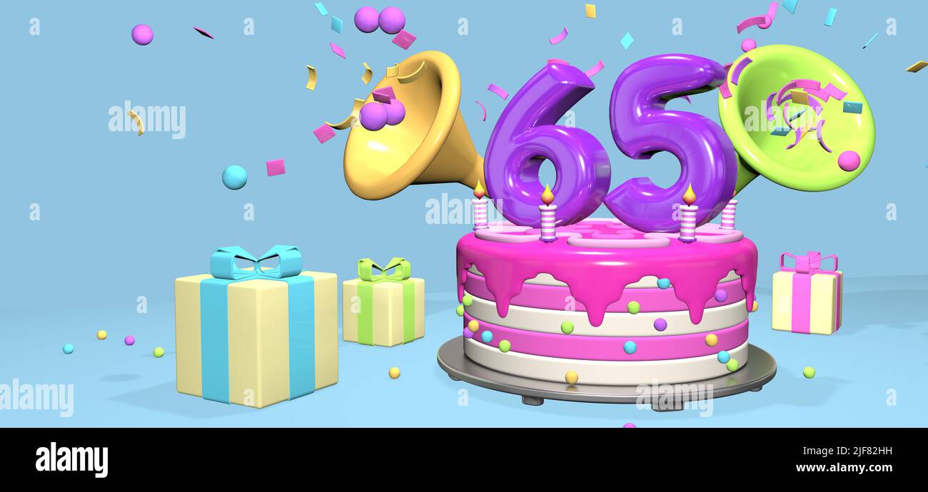 Pink birthday cake with thick purple number 65 and candles on metallic ...
