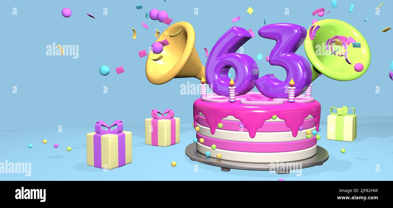 Pink birthday cake with thick purple number 63 and candles on metallic ...