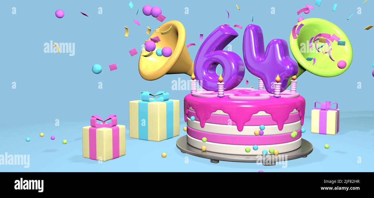 Pink birthday cake with thick purple number 64 and candles on metallic ...