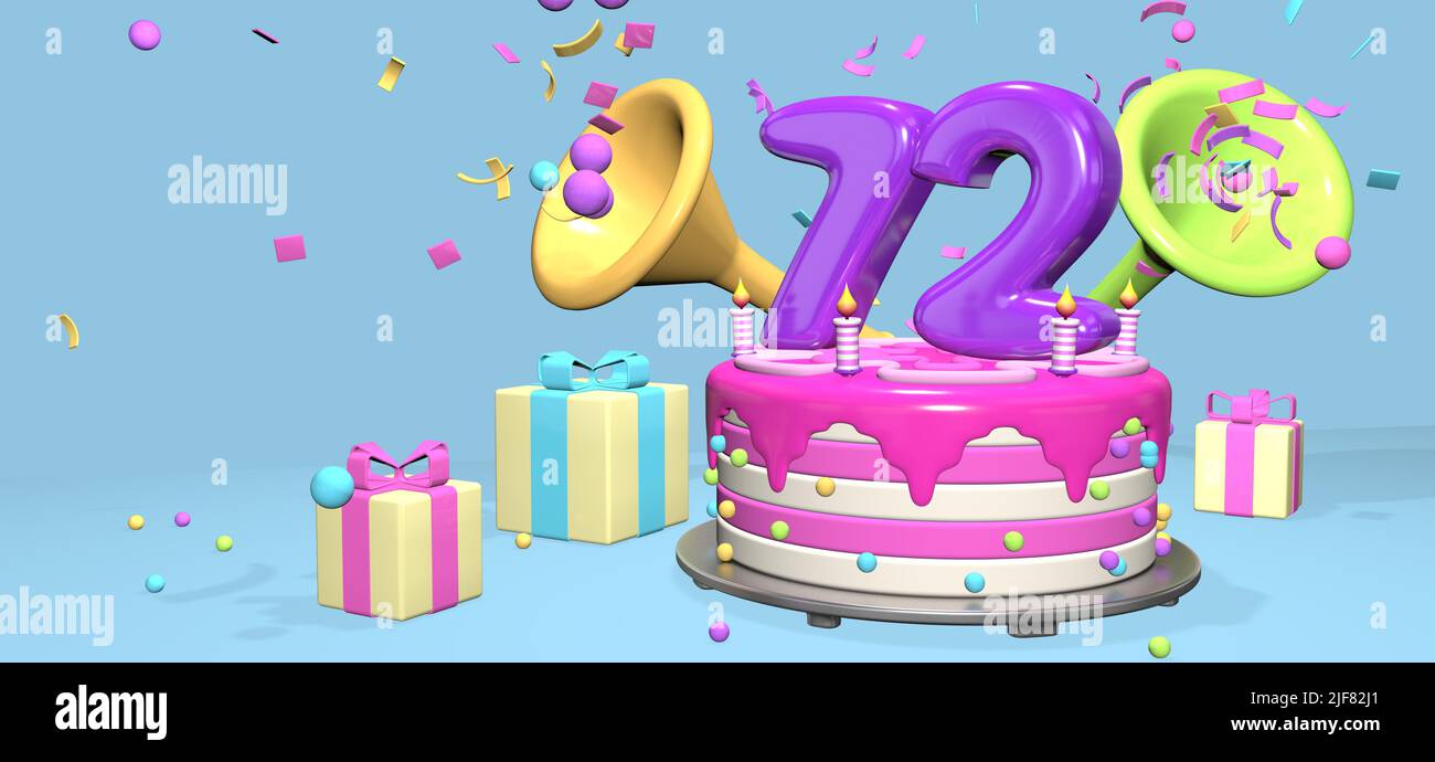 Pink birthday cake with thick purple number 72 and candles on metallic ...