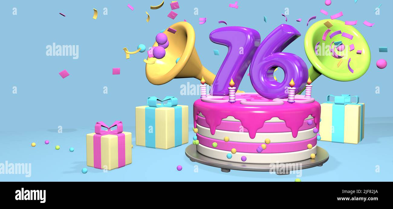Pink birthday cake with thick purple number 76 and candles on metallic ...