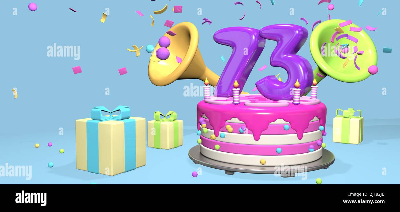 Pink birthday cake with thick purple number 73 and candles on metallic ...