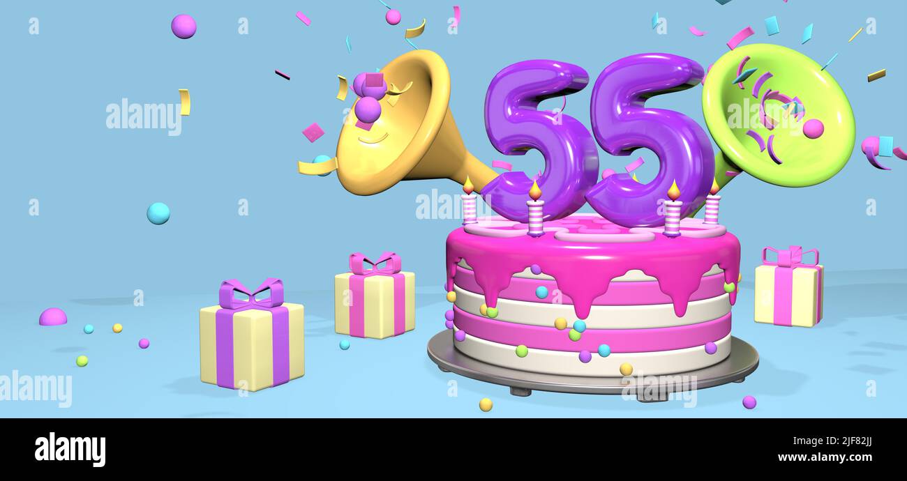 Pink birthday cake with thick purple number 55 and candles on metallic ...