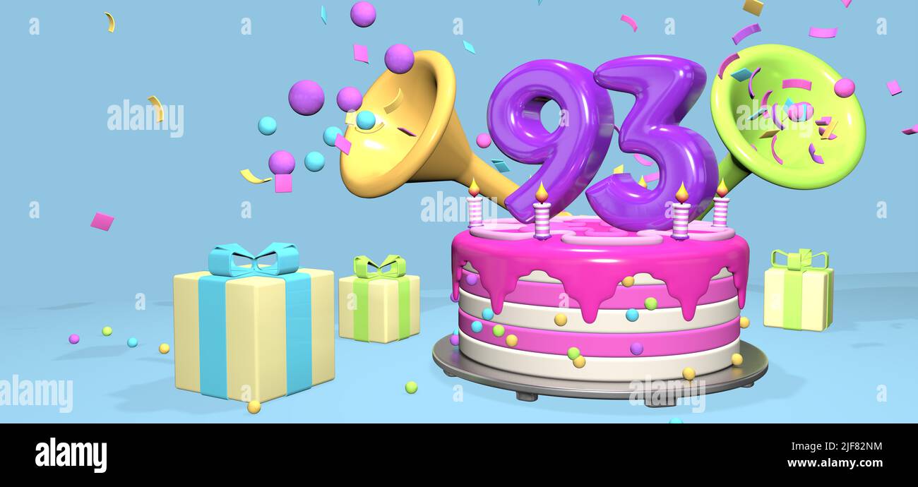 Pink birthday cake with thick purple number 93 and candles on metallic ...
