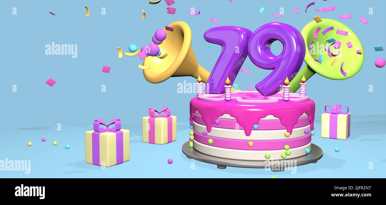 Pink birthday cake with thick purple number 79 and candles on metallic ...